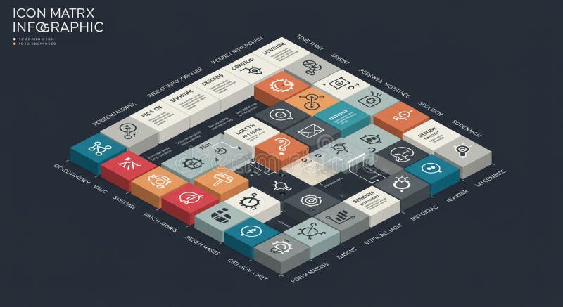 Isometric Infographic Displaying a Grid of Colored Blocks with Various ...