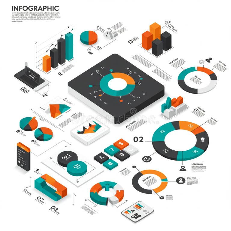Isometric Infographic Featuring Various Charts and Graphs in a 3D ...