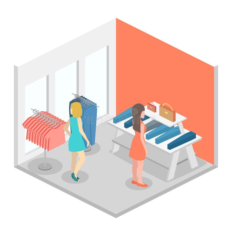Isometric Infographic Flat 3D Interior of Clothing Store Inside. Stock ...