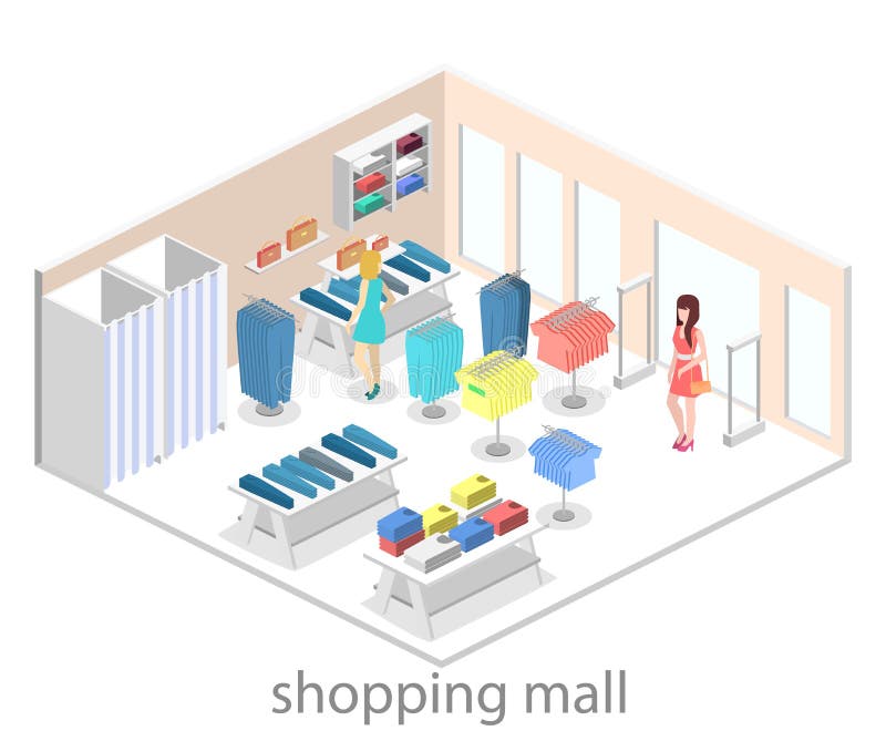 Isometric Infographic Flat 3D Interior of Clothing Store Inside. Stock ...