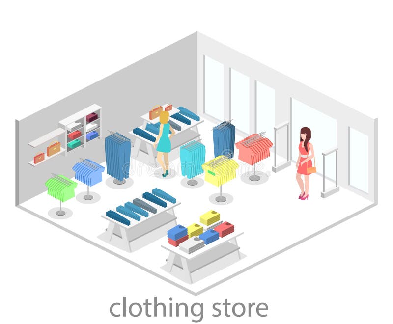 Isometric Infographic Flat 3D Interior of Clothing Store Inside. Stock ...