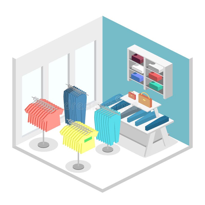 Isometric Infographic Flat 3D Interior of Clothing Store Inside. Stock ...