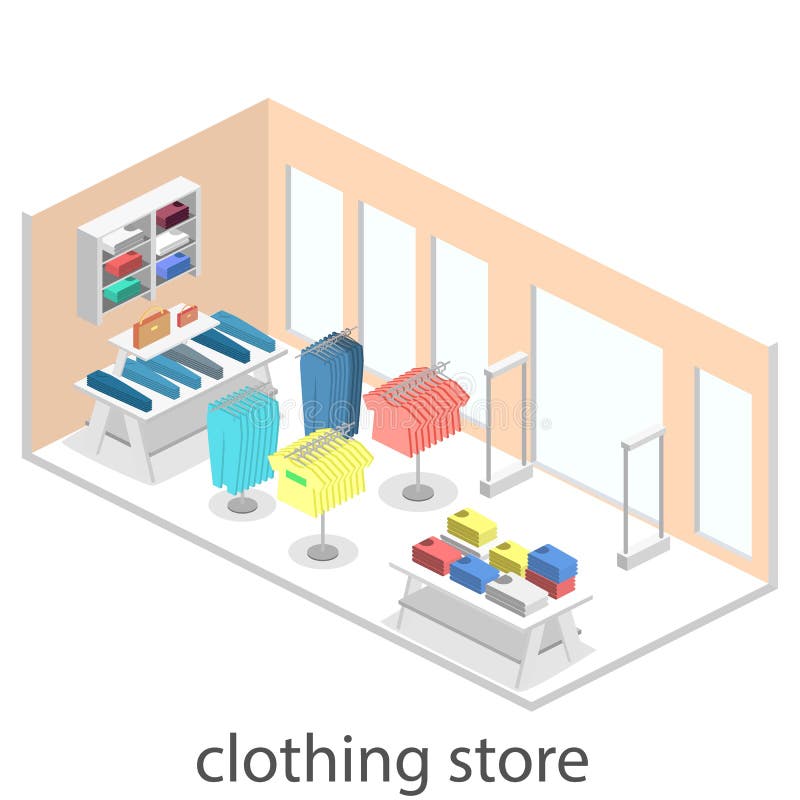 Isometric Infographic Flat 3D Interior of Clothing Store Inside. Stock ...