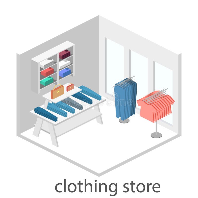 Isometric Infographic Flat 3D Interior of Clothing Store Inside. Stock ...