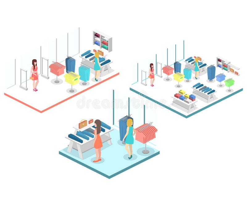 Isometric Infographic Flat 3D Interior of Clothing Store Inside. Stock ...
