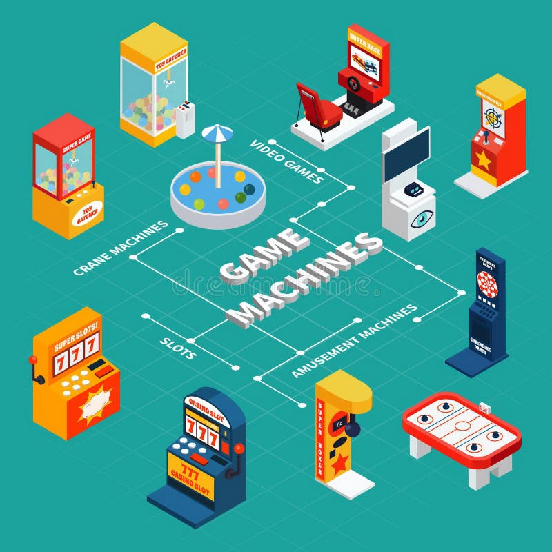 Isometric Infographics with Various Game Machines on Blue Background 3d ...