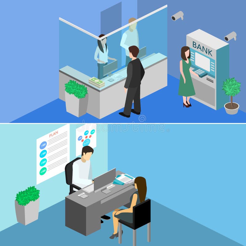 Isometric interior of bank stock illustration. Illustration of banker ...