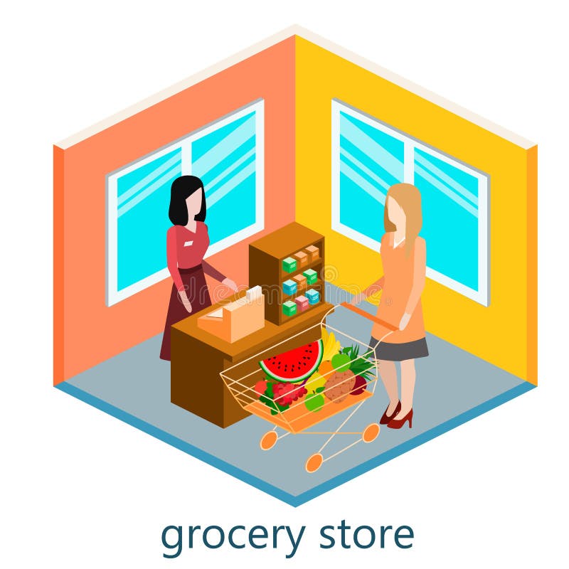 Isometric Interior of Grocery Store. Shopping Mall Flat 3d Isometric ...