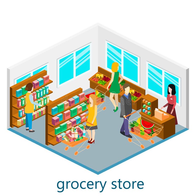 Isometric Interior of Grocery Store. Shopping Mall Flat 3d Isometric ...