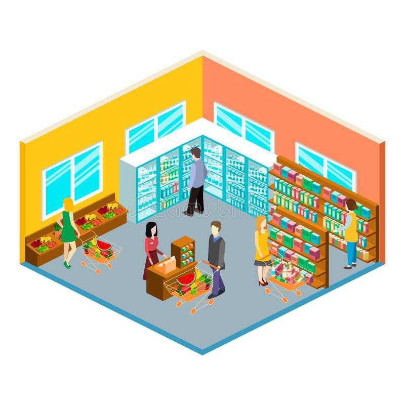 Isometric Infographic Flat 3D Interior of Clothing Store Inside. Stock ...