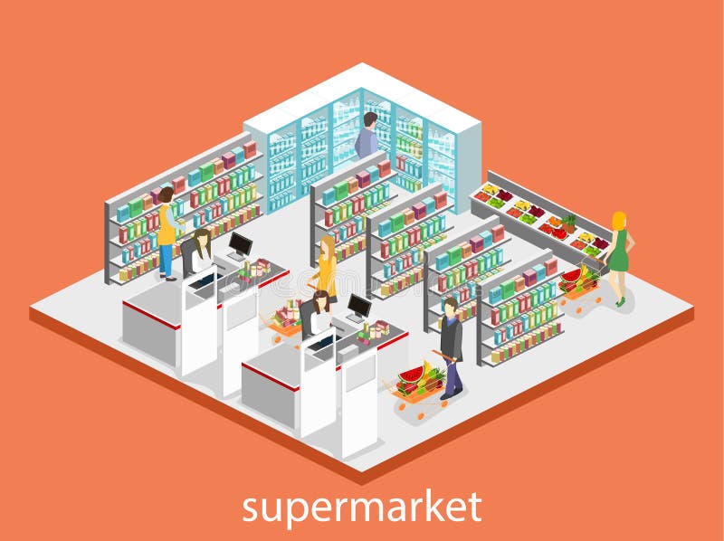 Isometric Interior of Grocery Store. Shopping Mall Flat 3d Isometric ...