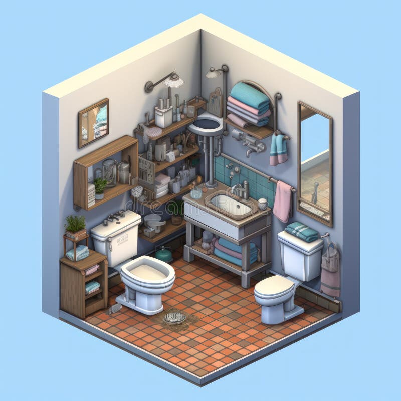 Isometric Interior Illustration Featuring a Modern Bathroom Setup Stock ...
