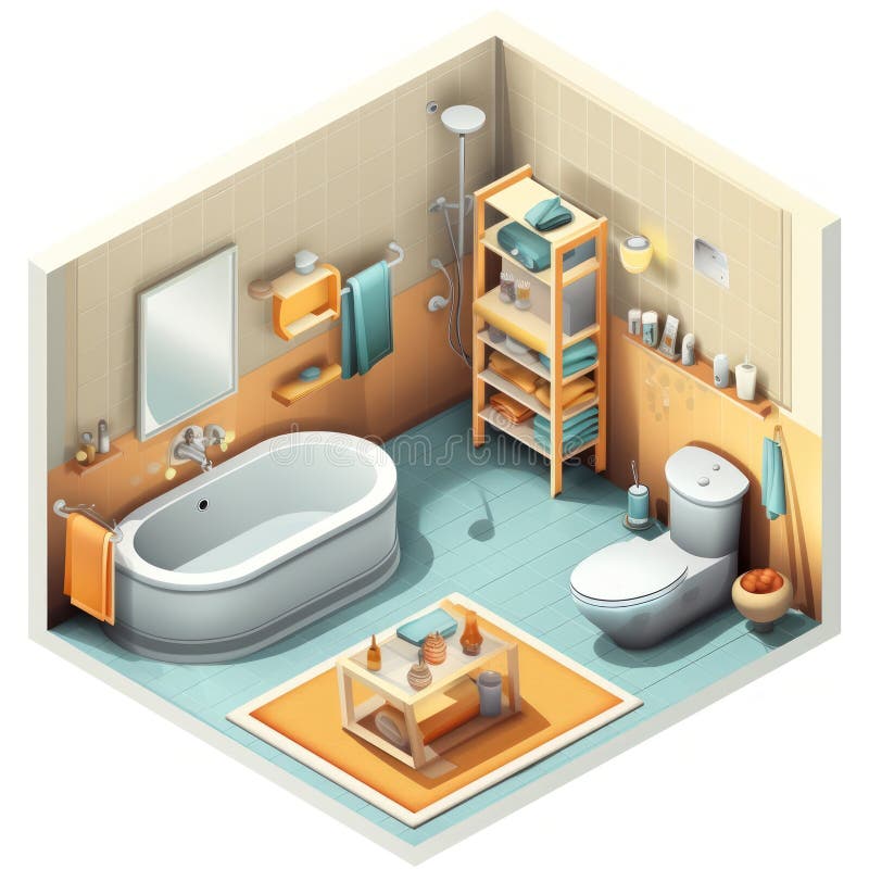 Isometric Interior Illustration Featuring a Modern Bathroom Setup Stock ...