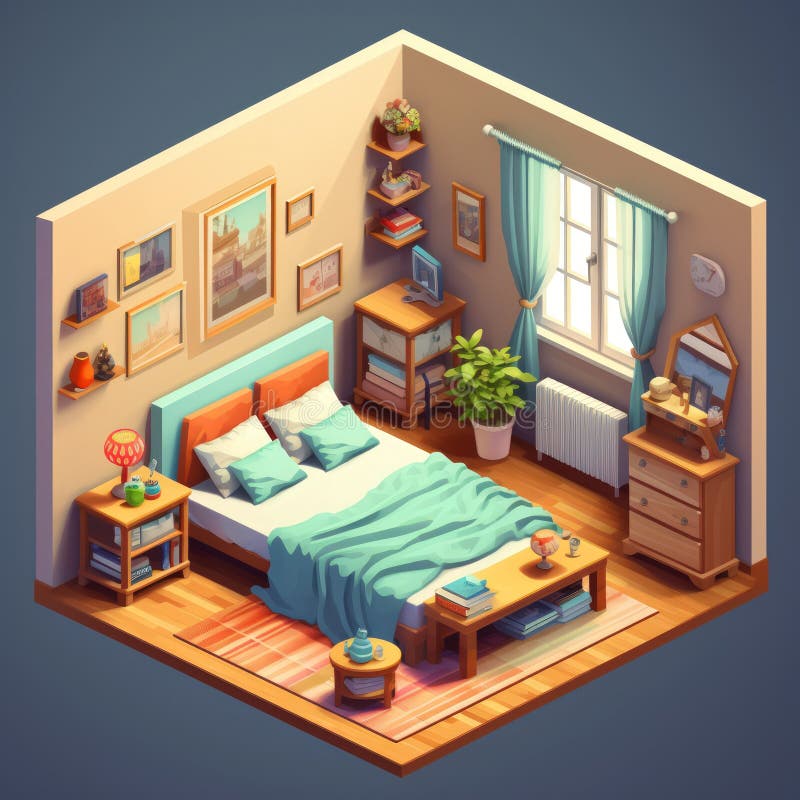 Isometric Interior Illustration of a Modern Bedroom Set Stock ...