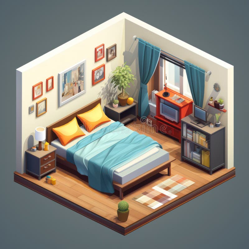 Isometric Interior Illustration of a Modern Bedroom Set Stock ...