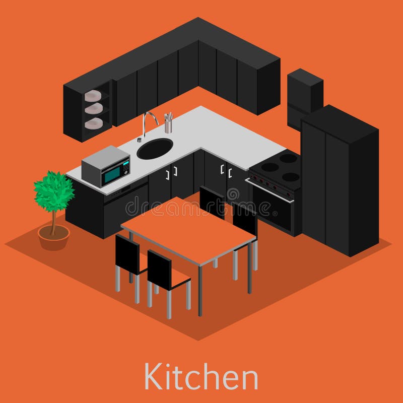 Isometric Interior Modern Kitchen Stock Illustration - Illustration of ...