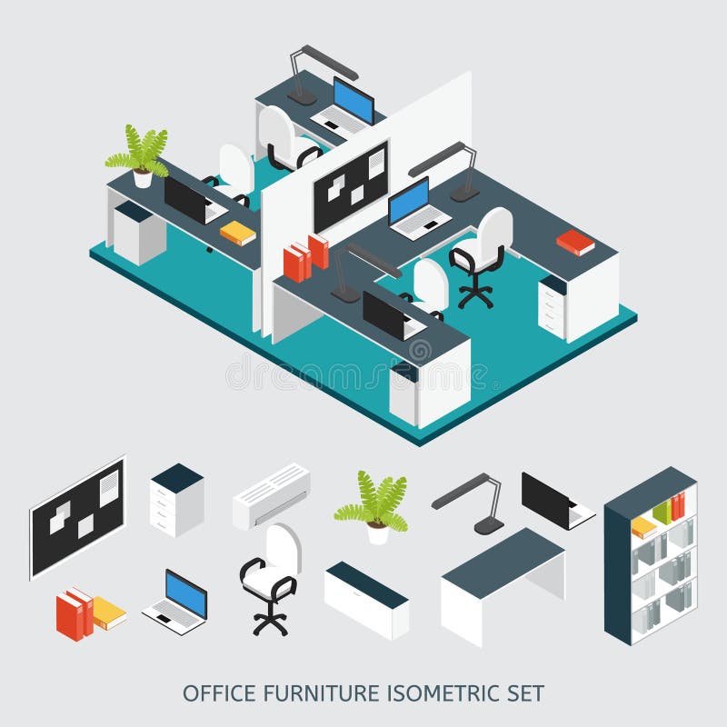 Isometric Office Interior. Workplace with Furniture Stock Image - Image ...