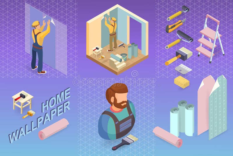 Isometric Interior Repairs Concept. Builder Pastes the Wall Stock ...