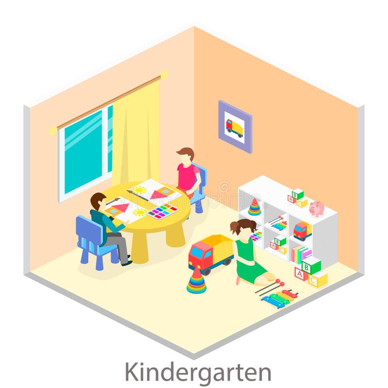Isometric Interior of Room in the Kindergarten. Children Draw Stock ...