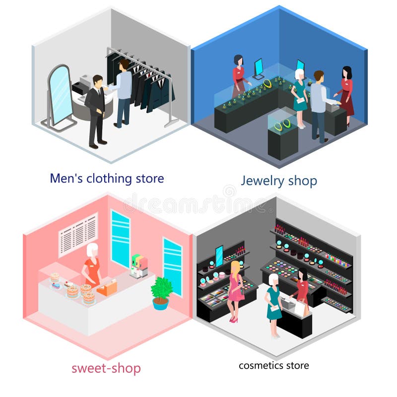 Isometric Interior of Stores Set Stock Illustration - Illustration of ...