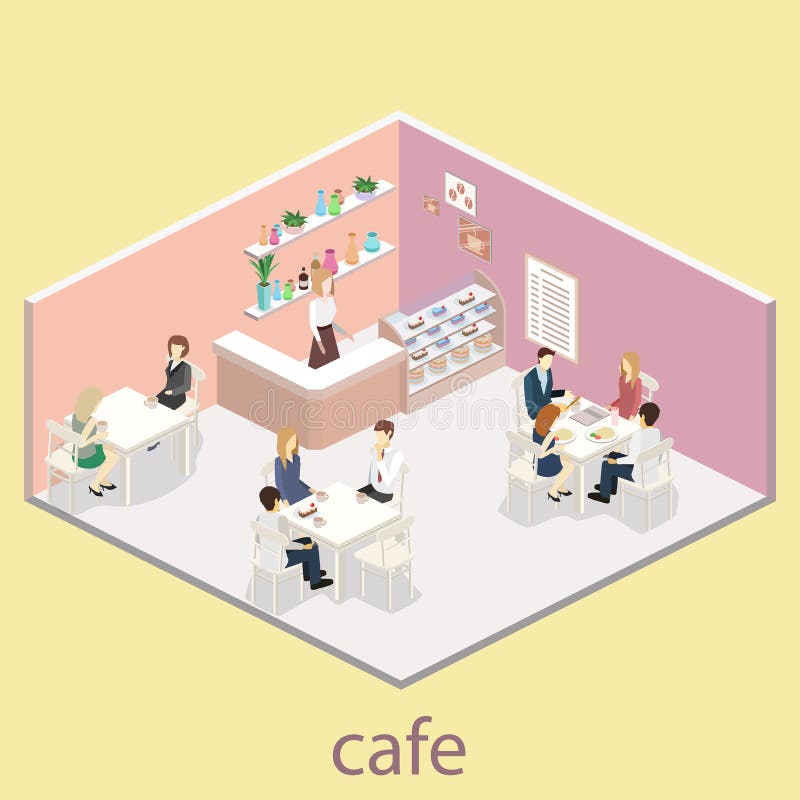 Isometric Interior of Sweet-shop. People Sit at the Table and Eating ...