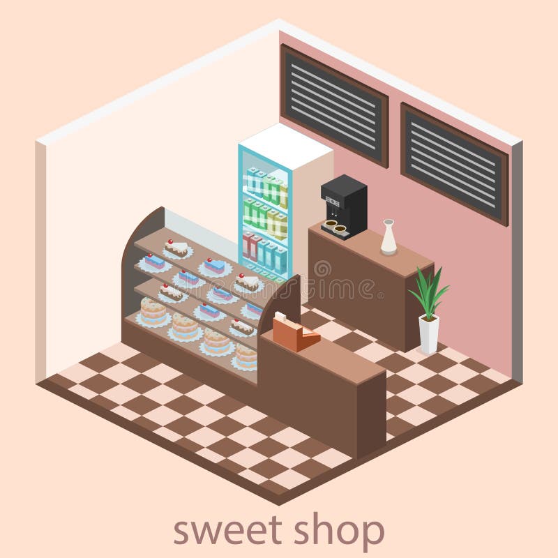 Isometric Interior of Sweet-shop. Stock Illustration - Illustration of ...