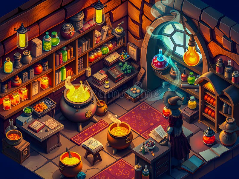 Isometric Interior of Witch S House with Magic Potion, Cauldron with ...