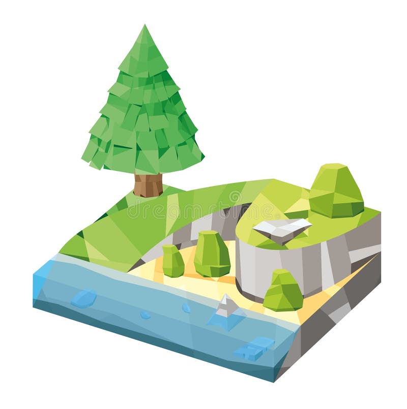 Isometric Island with Tree and Bushes. Island in Low-poly Style. Stock ...