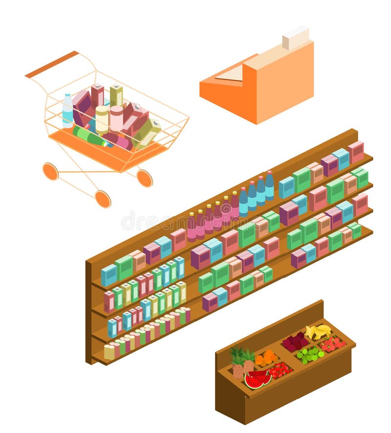 Isometric items for shop stock illustration. Illustration of fruit ...