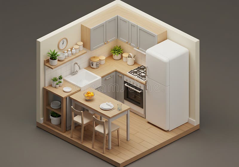 Isometric Kitchen Design with Dining Table Fridge and Plants ...