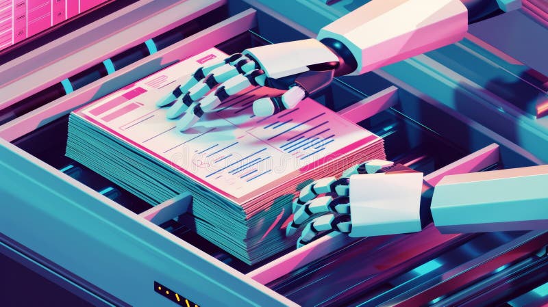 This is an Isometric Landing Page Showing Old Documents on a Conveyor ...