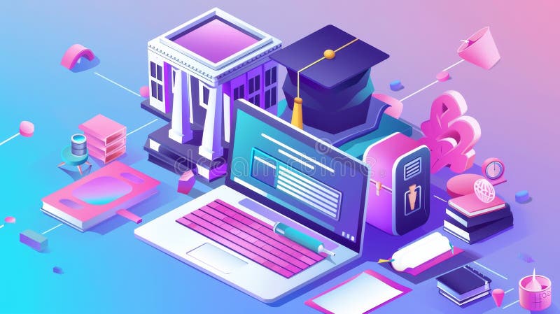 An Isometric Landing Page with Students Equipment for Studying Via the ...