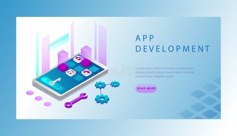 Isometric Landing Page Template of Mobile Application Development with ...
