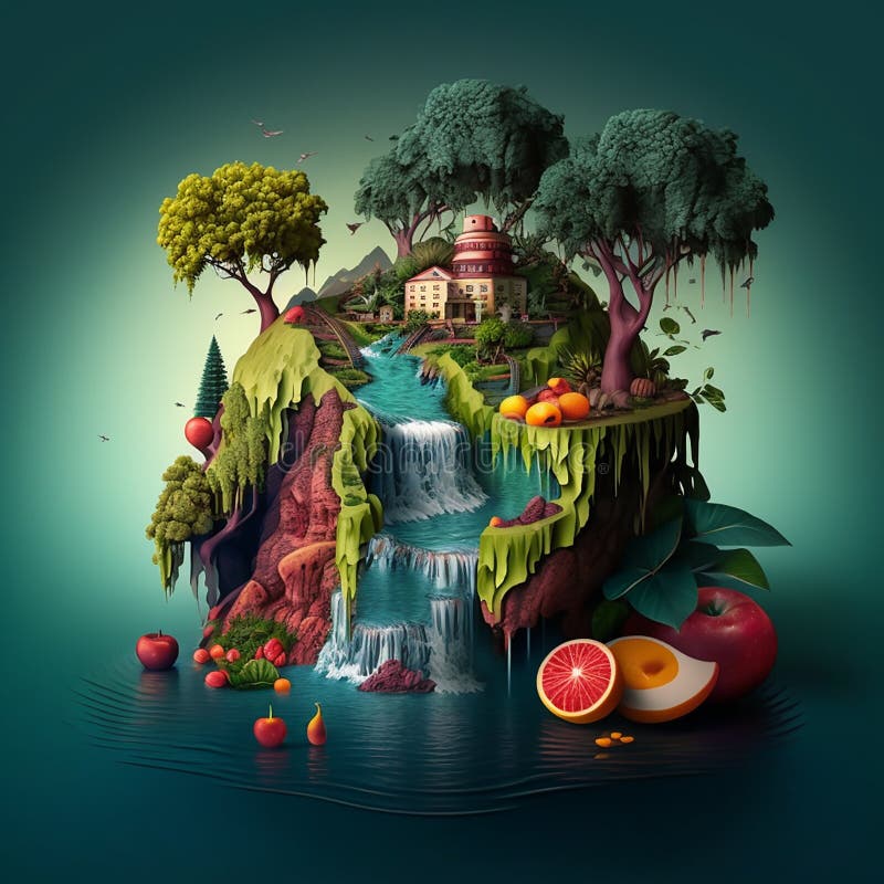 Isometric Landscape with Water Fall Floating in the Sky Generative Ai ...