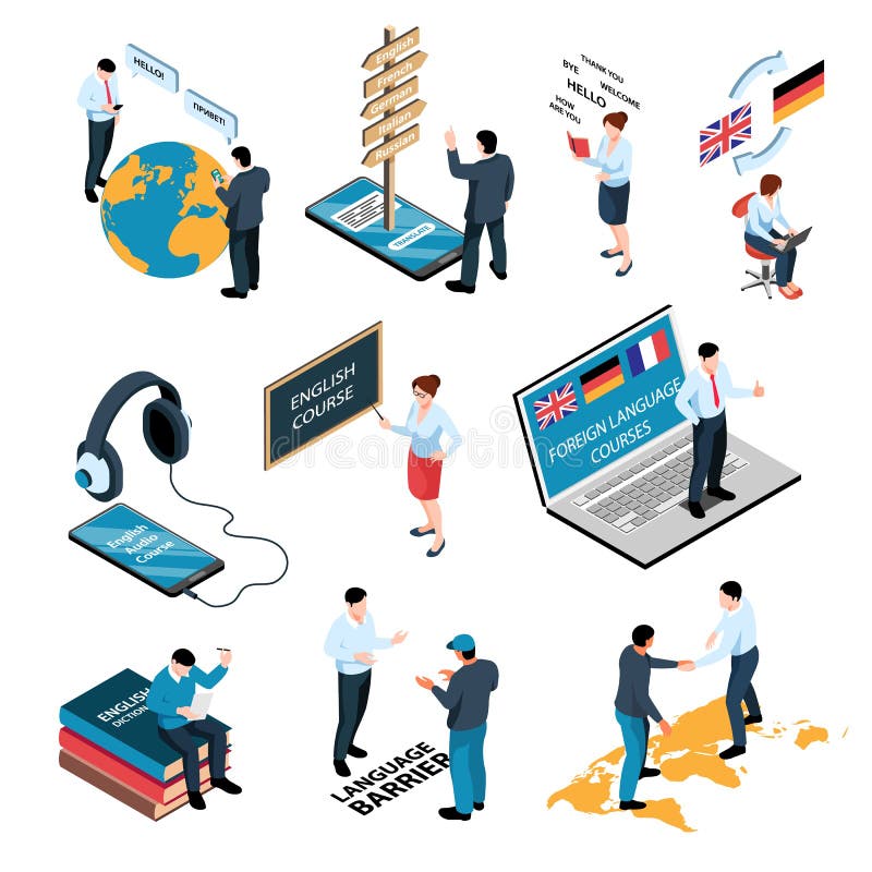 Isometric Language School Isometric Set Stock Vector - Illustration of ...