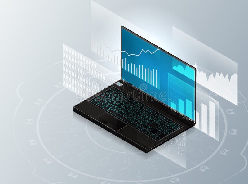 Laptop with Charts, Diagram and Table on the Screen Stock Vector ...
