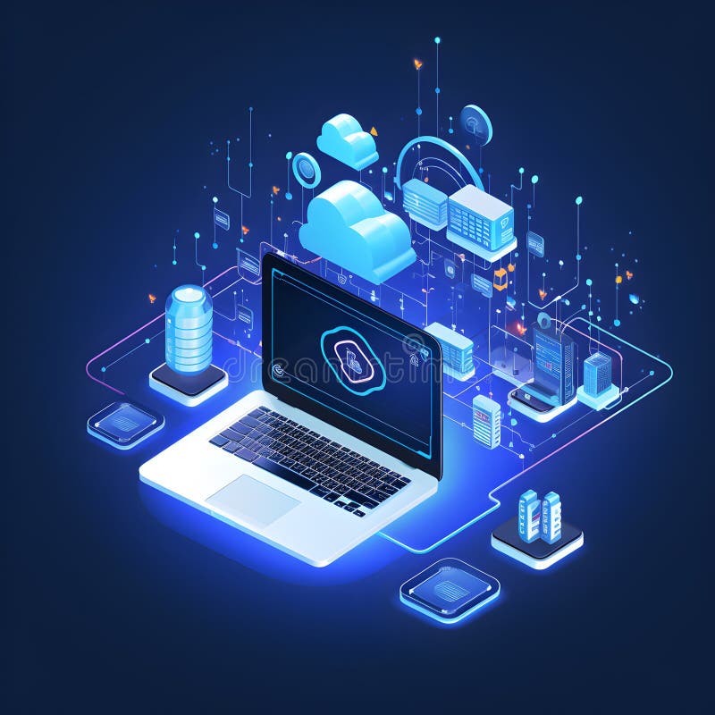 Isometric Laptop and Cloud Computing Isometric Blue Tech Icons: Server, Storage, Cloud, WiFi ...