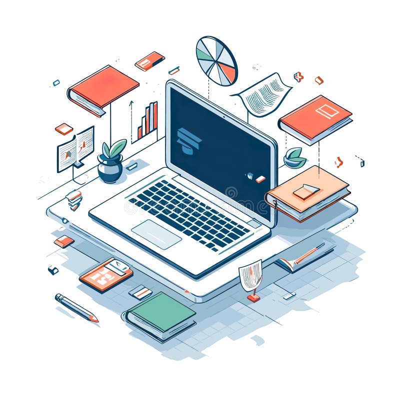 Isometric Laptop and Flying Books, Workspace Concept | Vector ...