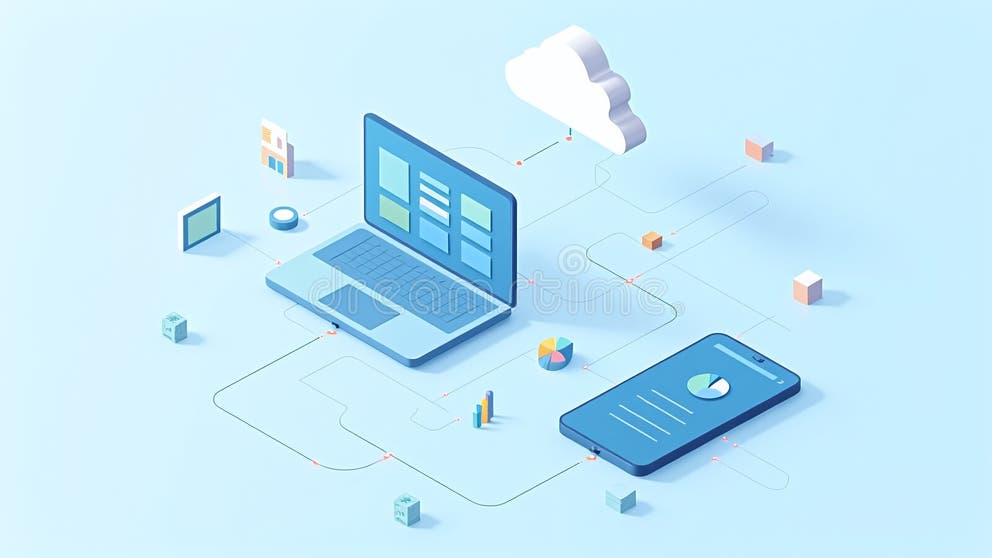 Isometric Laptop, Smartphone, Cloud, and Data Graphics Illustration ...
