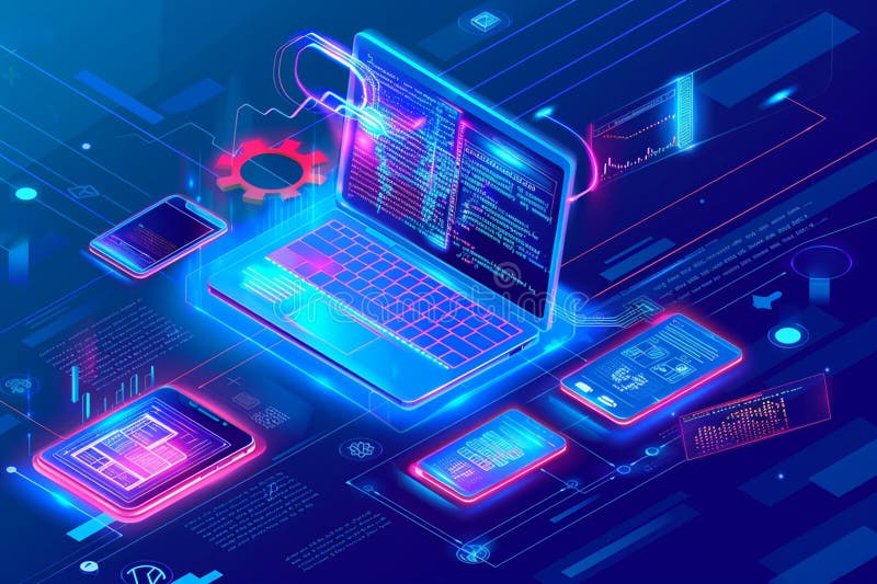 Isometric Laptop & Smartphones with Glowing Data Code, Lines & Tech ...