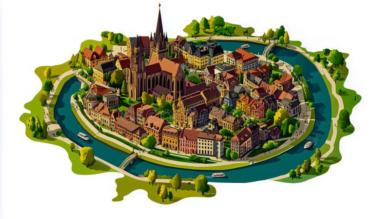 An Isometric Layout of the City of Ulm on a Stylized Map in the Shape ...