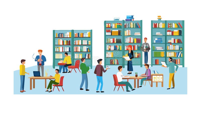 Isometric Library with People Seated and Studying Vector Layout, Vector ...