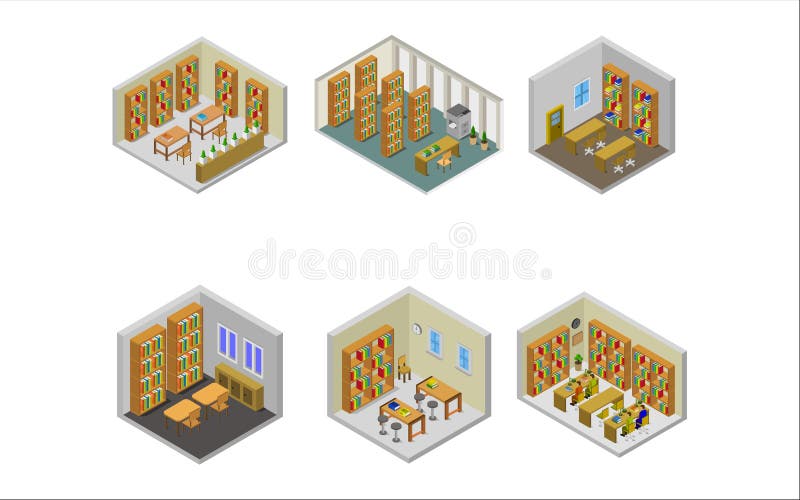 Isometric Library Room Set Vector Illustration Stock Illustration ...
