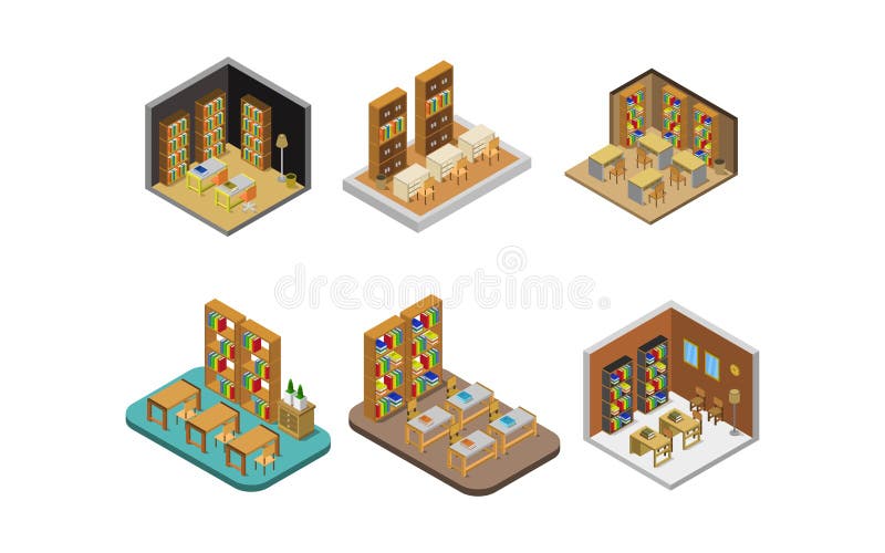 Isometric Library Room Vector Illustration Stock Illustration ...