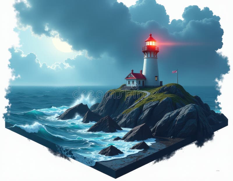 Isometric Lighthouse on Rocky Coast at Night with Dramatic Sky Stock ...