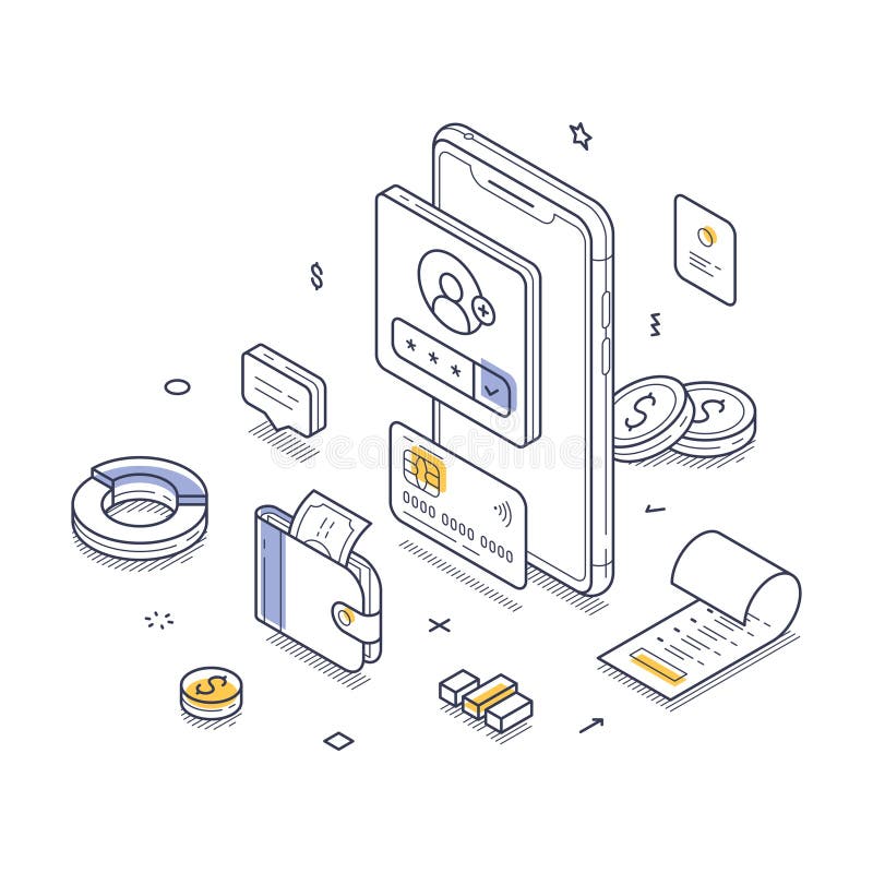 Isometric Line Art Illustration Showcasing Mobile Banking Concepts with ...