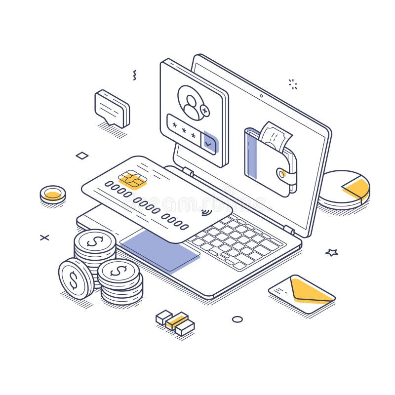 Isometric Line Art Showing Online Payment and Transaction Systems in a ...
