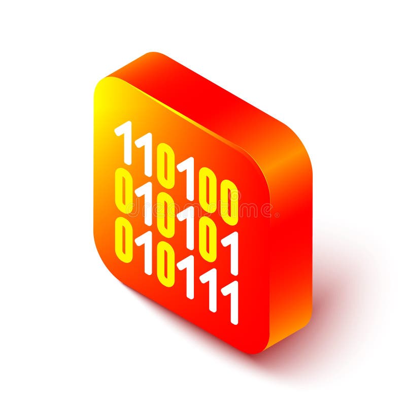 Isometric Line Binary Code Icon Isolated on White Background. Orange Square Button Stock Vector ...