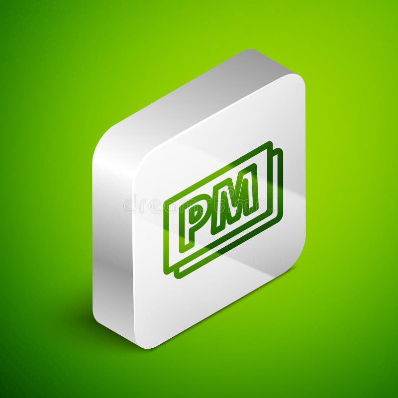 Isometric Line Clock PM Icon Isolated on Green Background. Time Symbol ...