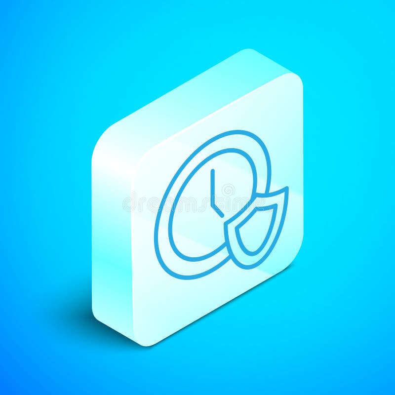 Isometric Line Clock with Shield Icon Isolated on Blue Background ...
